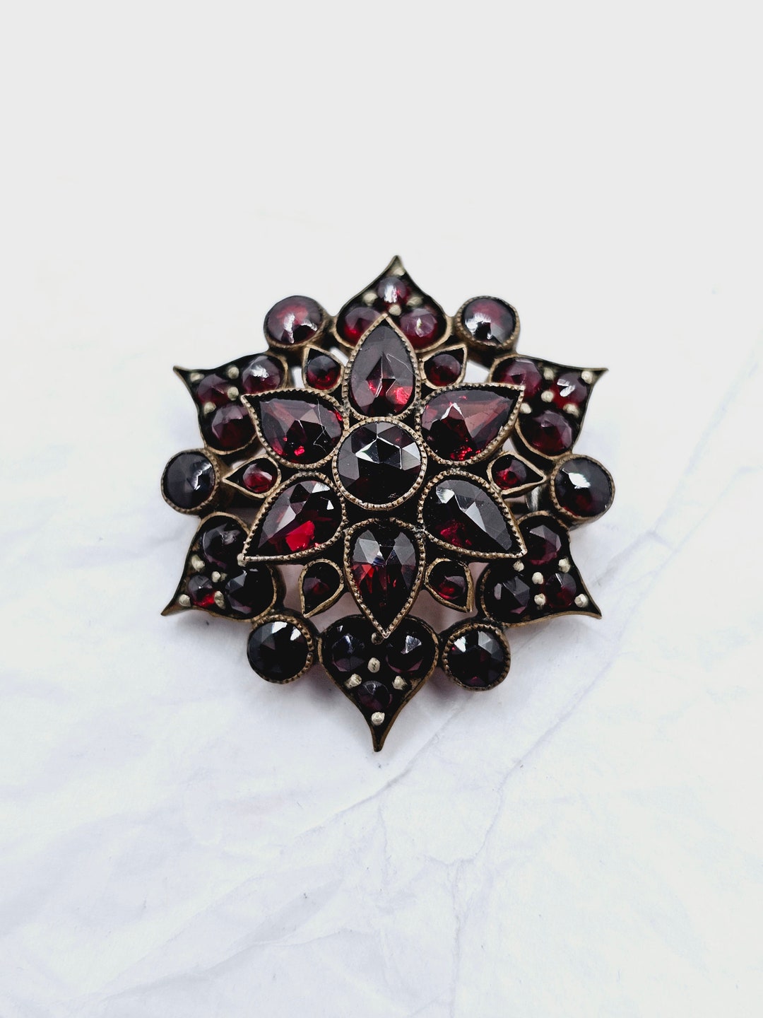 Stunning Bohemian Garnet Brooch, Vintage Rose Cut Garnet Pin, Genuine Gemstone Jewelry, Flower ...