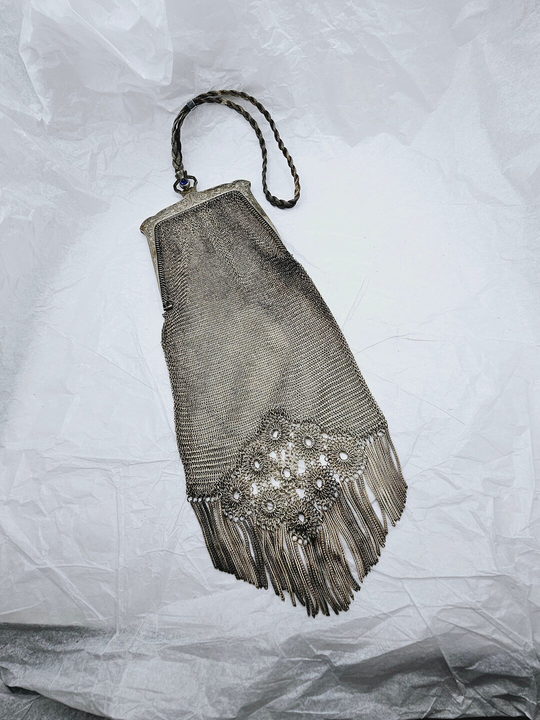 RARE Antique silvered Mesh Purse With Venetian Lace Detail, Vintage ...