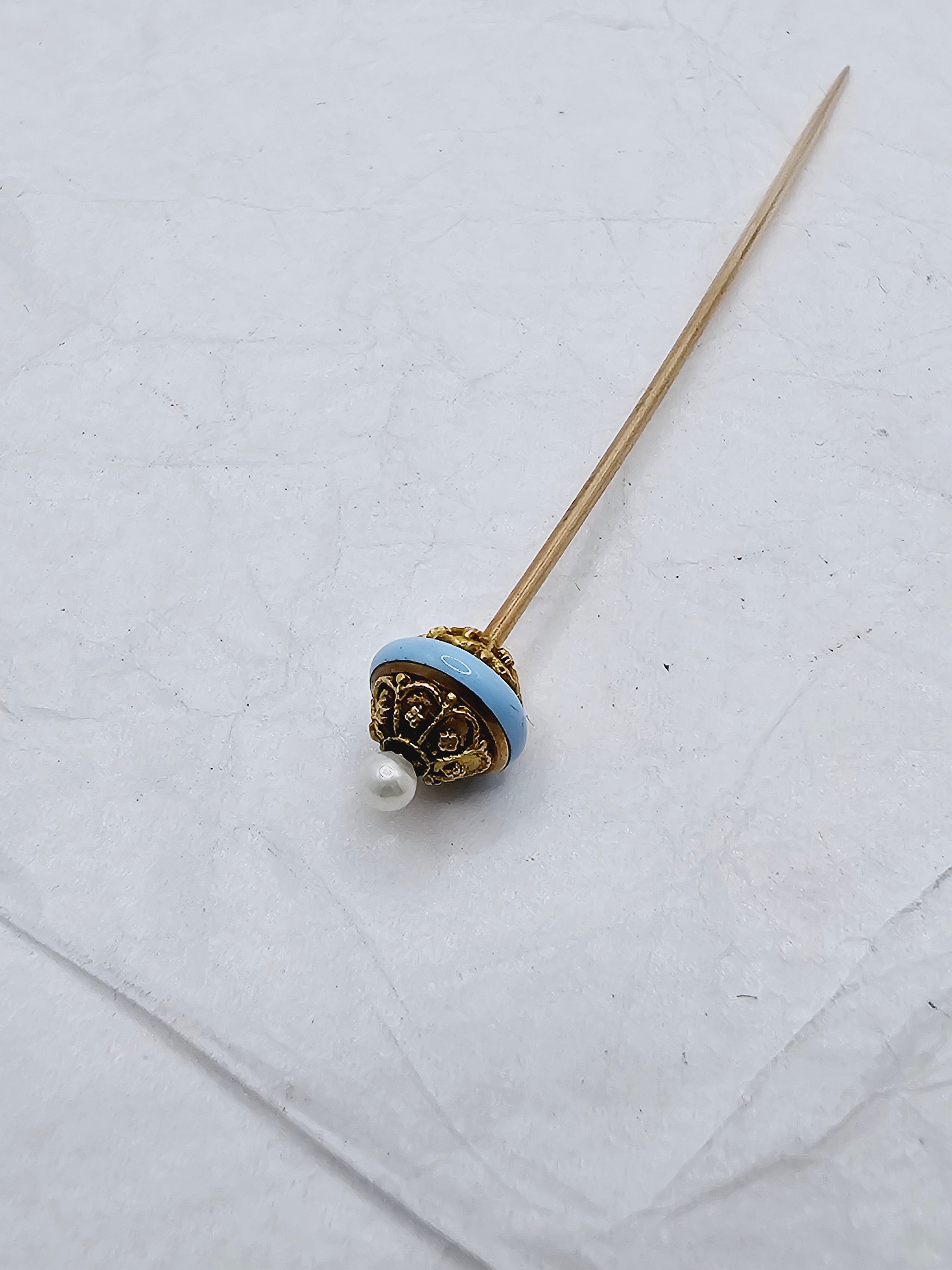 Antique 10K Yellow Gold Hat Pin, Pearl, Robin's Egg Blue Enamel - Etsy