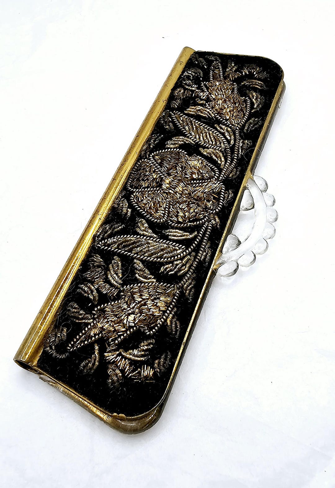 Vintage Folding Comb Case, Black Velvet, Gold Embroidery, Travel Mirror ...