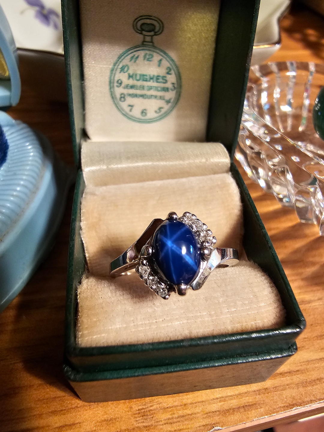 NOS Vintage Linde Star 14K White Gold and Diamond Promise Ring, Blue ...