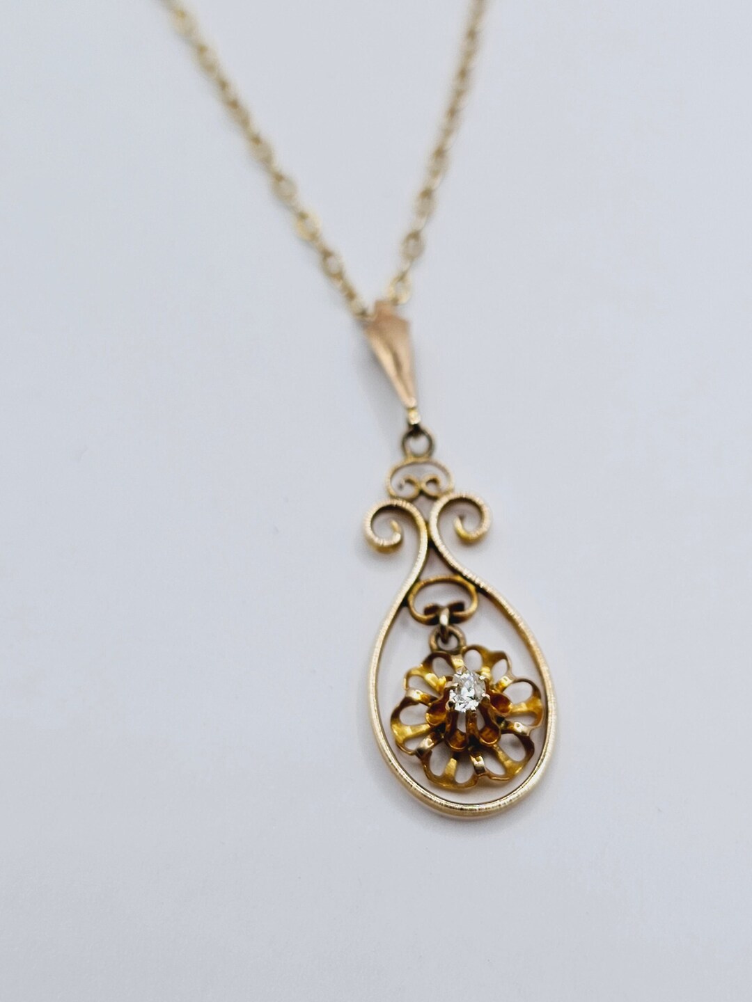 Dainty Diamond and 10K Yellow Gold Pendant Necklace, Victorian Lavalier ...