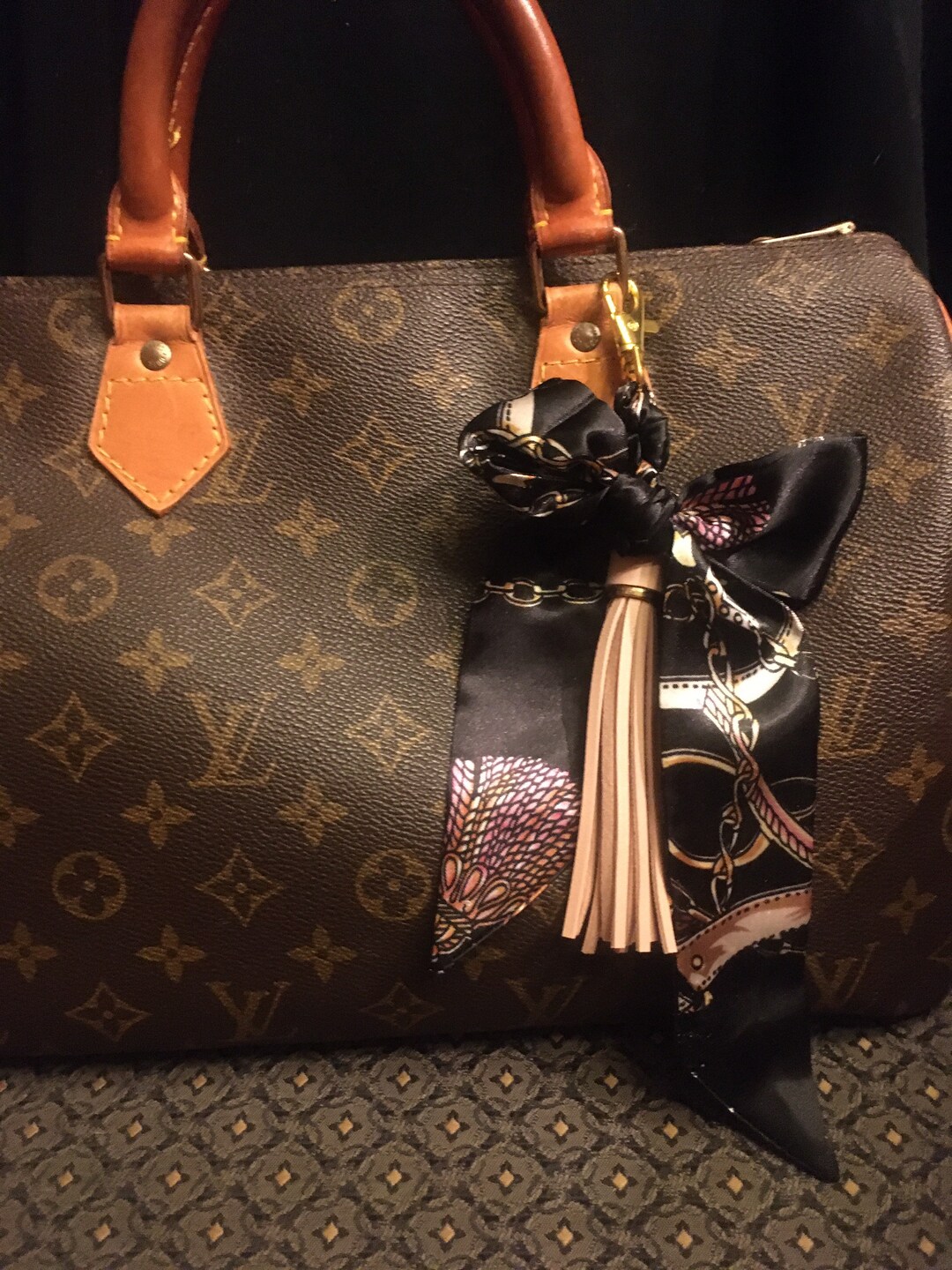 Purse Tote Black Gold Scarf Braided Bow With Pale Pink Tassel Keychain ...