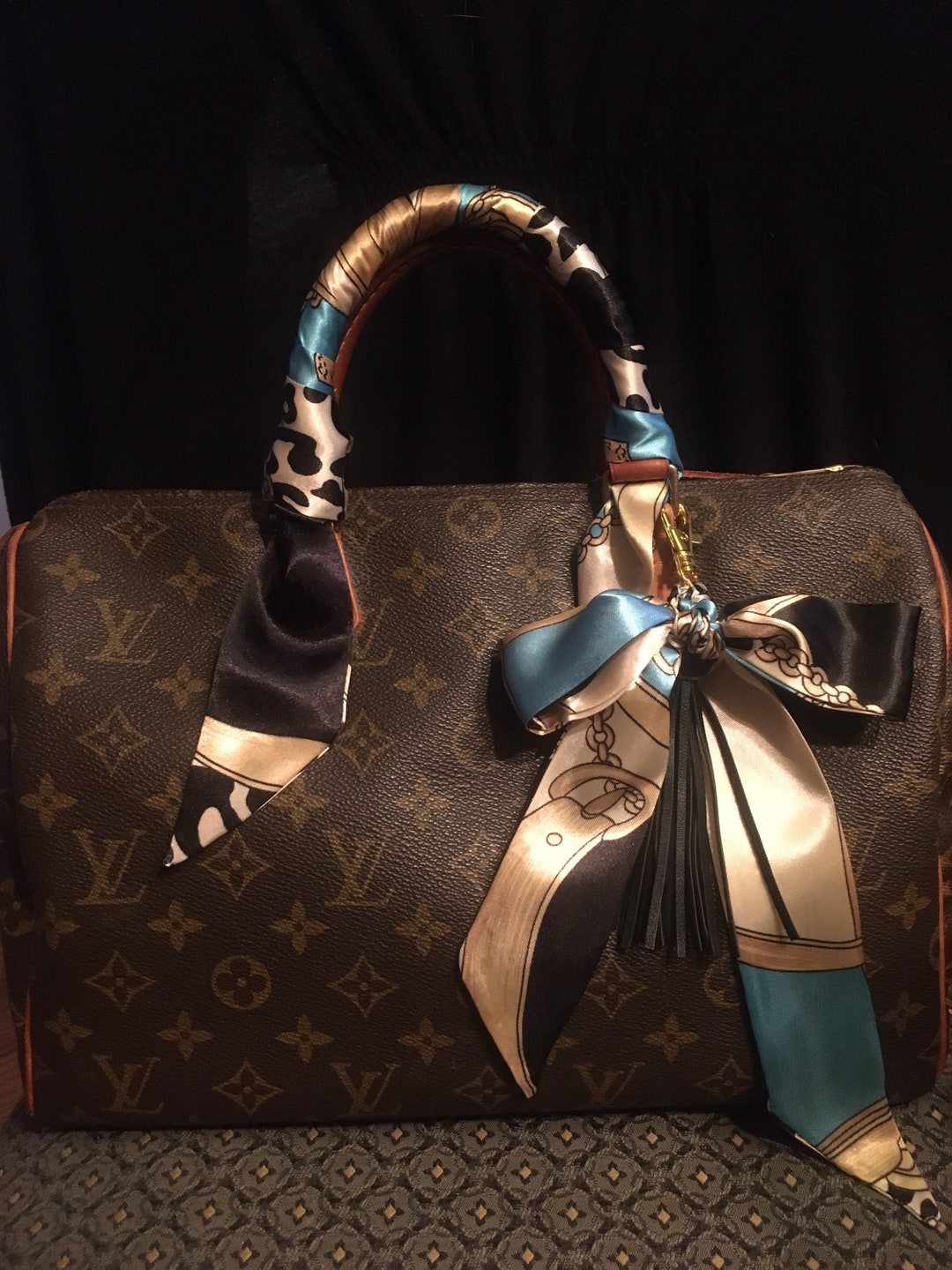 Purse Scarf Set 2 Turquoise Black Design Handle Covers +braided Tassel ...