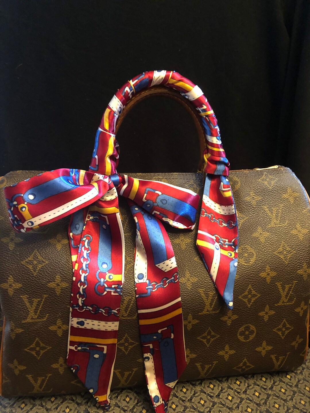 Purse Scarf Red Ivory Blue Chain Link Design Handle Covers Special ...