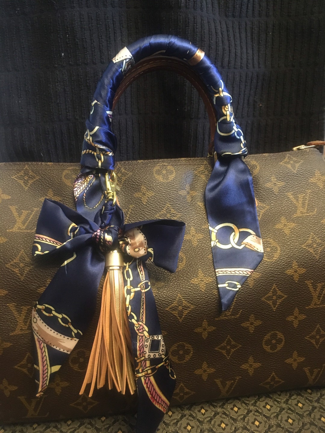 Purse Scarf Set 2 Navy Gold Design Handle Covers +braided Tassel Clip ...