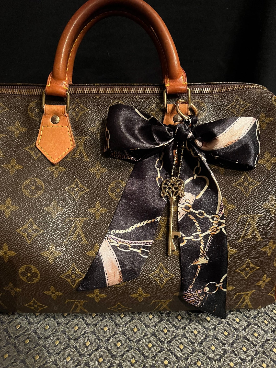 Purse Braided Scarf Black Ivory Gold KEY Charm Clip on Bag Design - Etsy