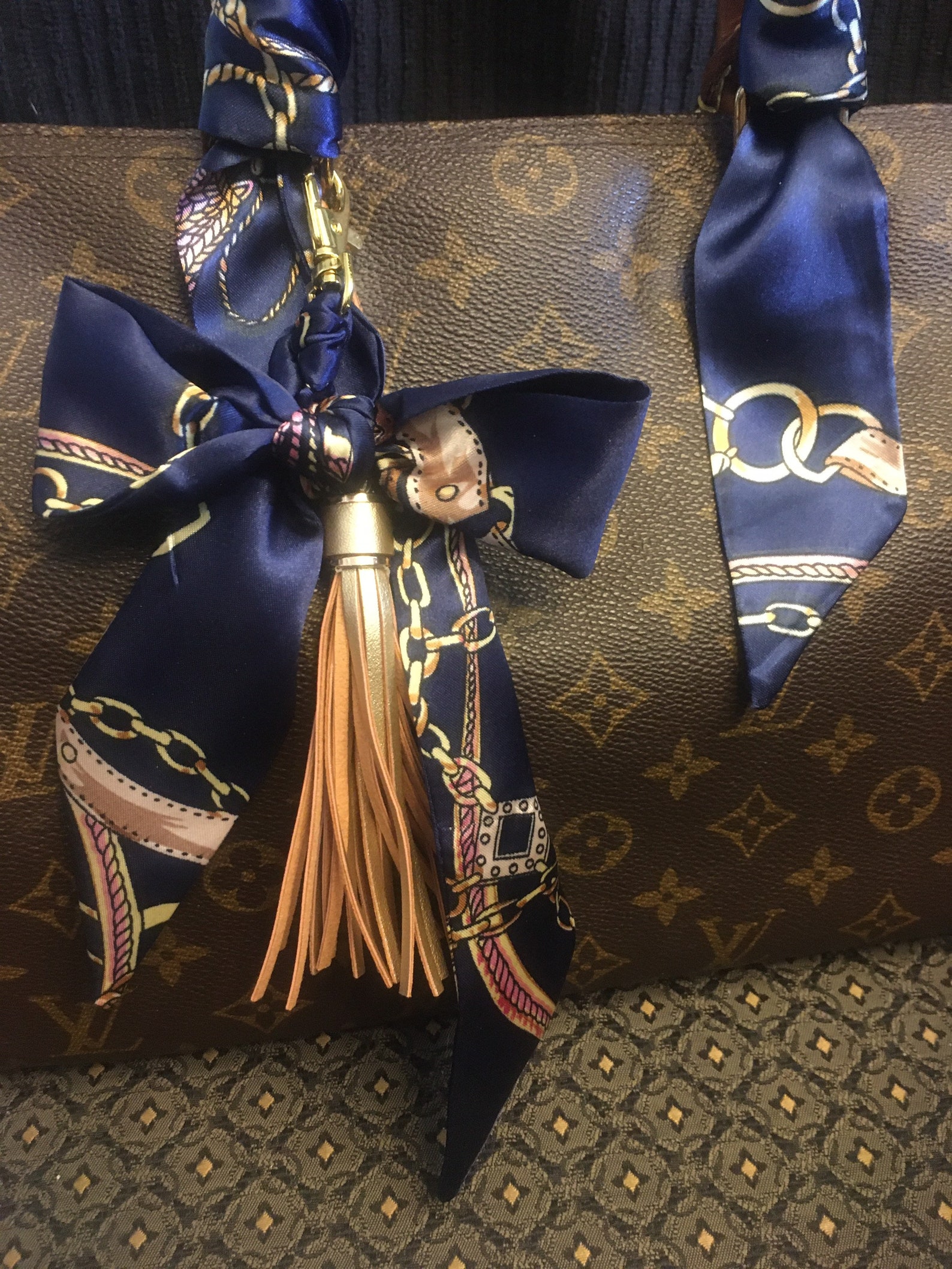 Purse Scarf Set 2 Navy Gold Design Handle Covers +braided Tassel Clip ...