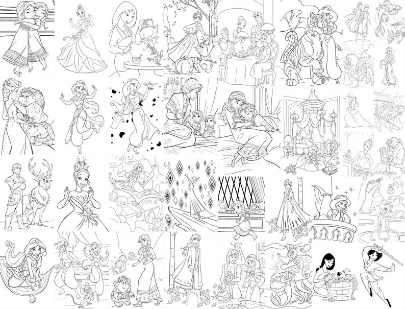 36 X Princess Fairy Tale Coloring Pages - PNG Format - Princess Party ...