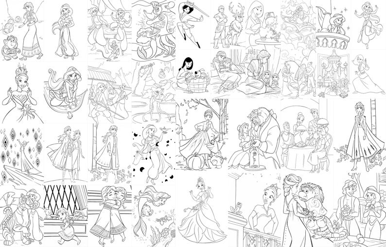 36 X Princess Fairy Tale Coloring Pages - PNG Format - Princess Party ...