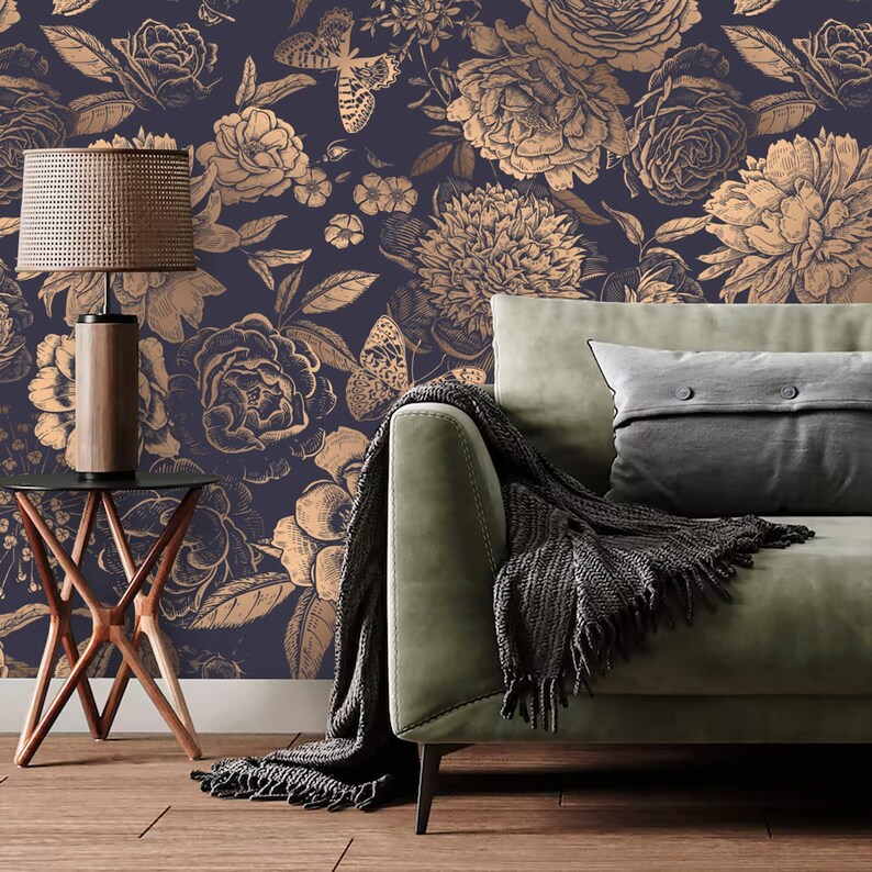 Dark Floral Wallpaper Gold Non Metallic Peel and Stick Removable or ...