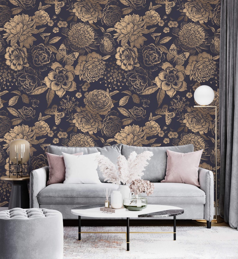 Dark Floral Wallpaper Gold Non Metallic Peel and Stick Removable or ...