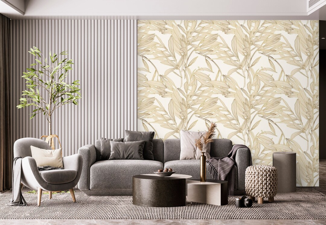 Minimalist Neutral Wallpaper Botanical Large Leaves Peel and - Etsy