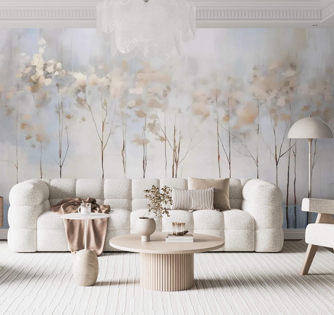 Soft Painted Trees Wall Mural Landscape Wallpaper Muted Forest Peel and ...