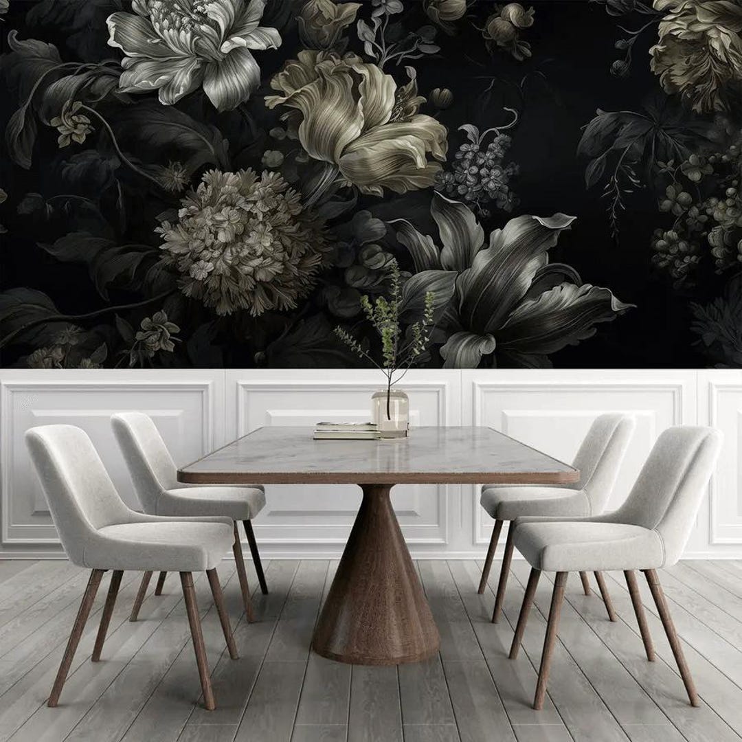Moody Dark Floral Wallpaper Mural – Dramatic Wall Art - Etsy