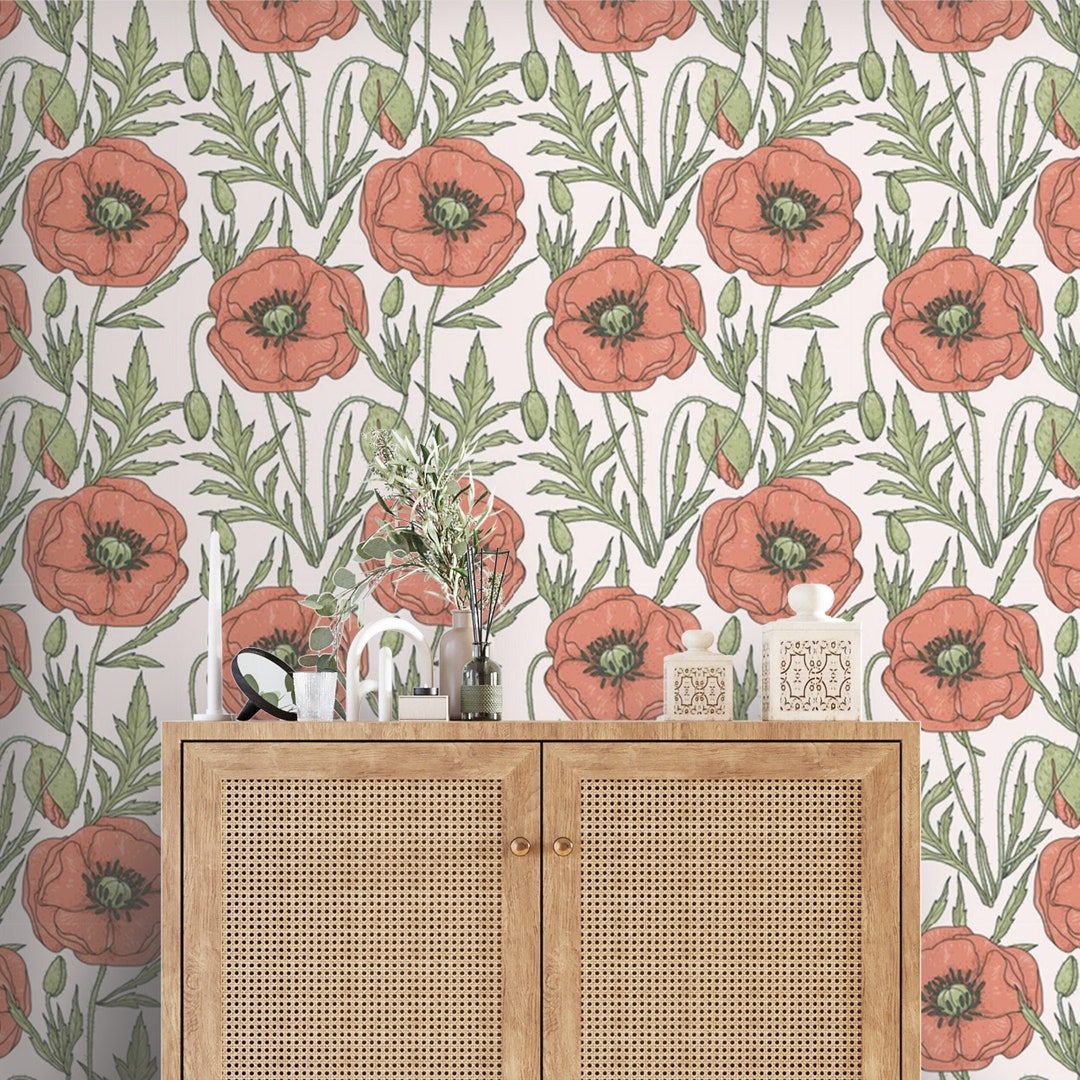 Vintage Floral Wallpaper Poppy Flowers Peel and Stick Removable or ...