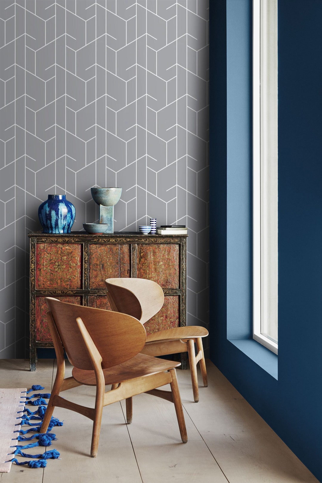Geometric Wallpaper Grey White Lines Peel and Stick Removable or ...