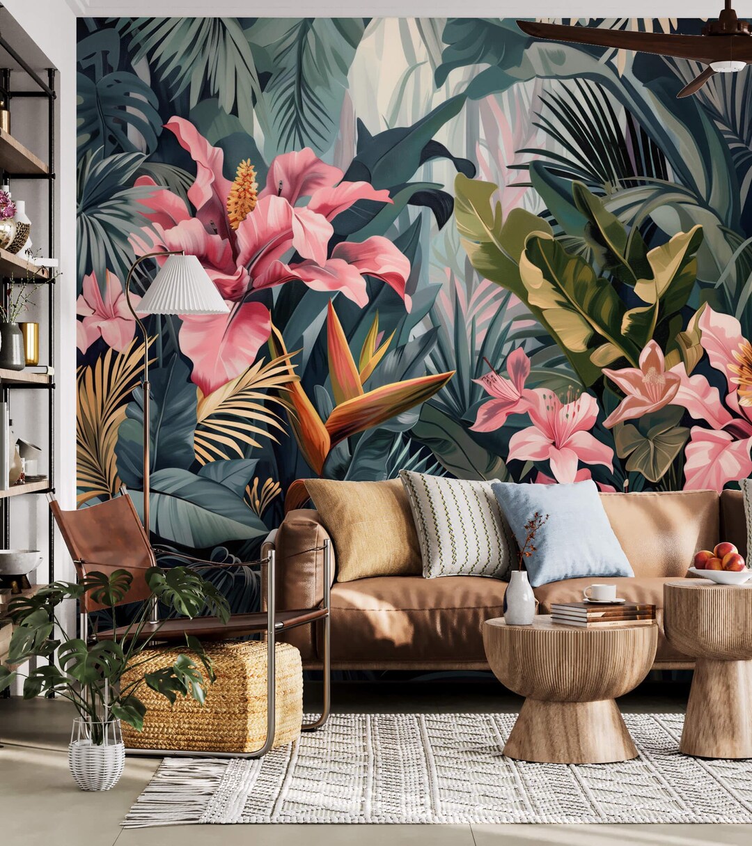 Tropical Wallpaper Mural Exotic Flowers and Leaves Peel and Stick or ...