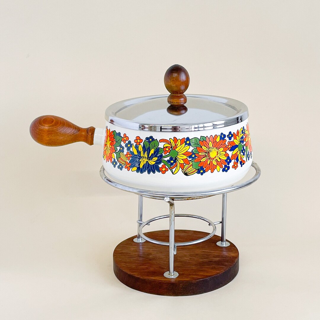 Vintage Fondue Dish, 1970, Floral Pattern, Tinplate, Wooden Base, Retro ...
