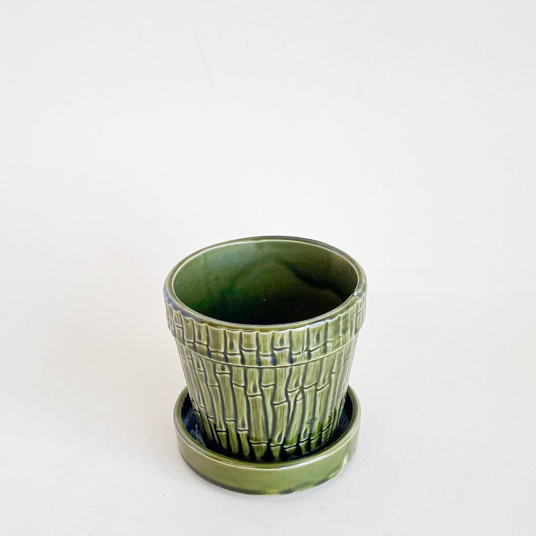 Vintage, Green Ceramic Planter, Textured Bamboo Pattern, Dish and Drip ...