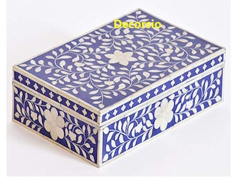 Handmade Bone Inlay Blue Floral Round Box | Etsy