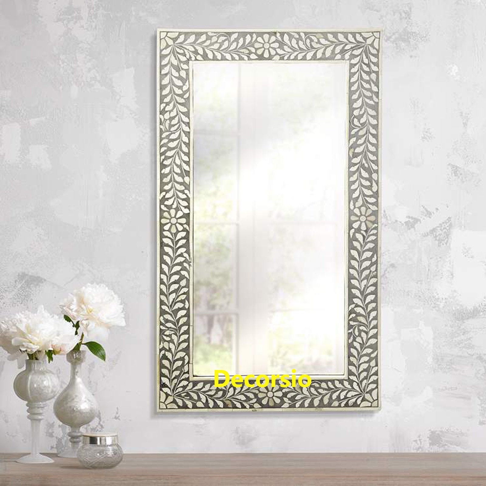Handmade Bone Inlay Grey Leaves Pattern Mirror Frame With Free Mirror ...