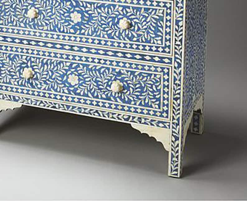 Handmade Bone Inlay Blue Floral Chest of Two Drawers / Cabinet/ Storage ...
