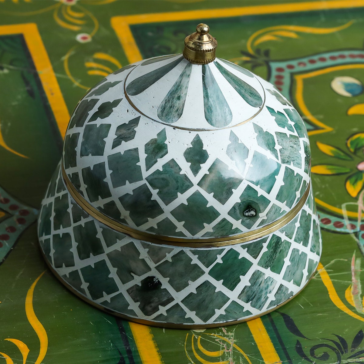 Handmade Bone Inlay Green Geometric Round Box/ Decorative Box/ Gift Box ...