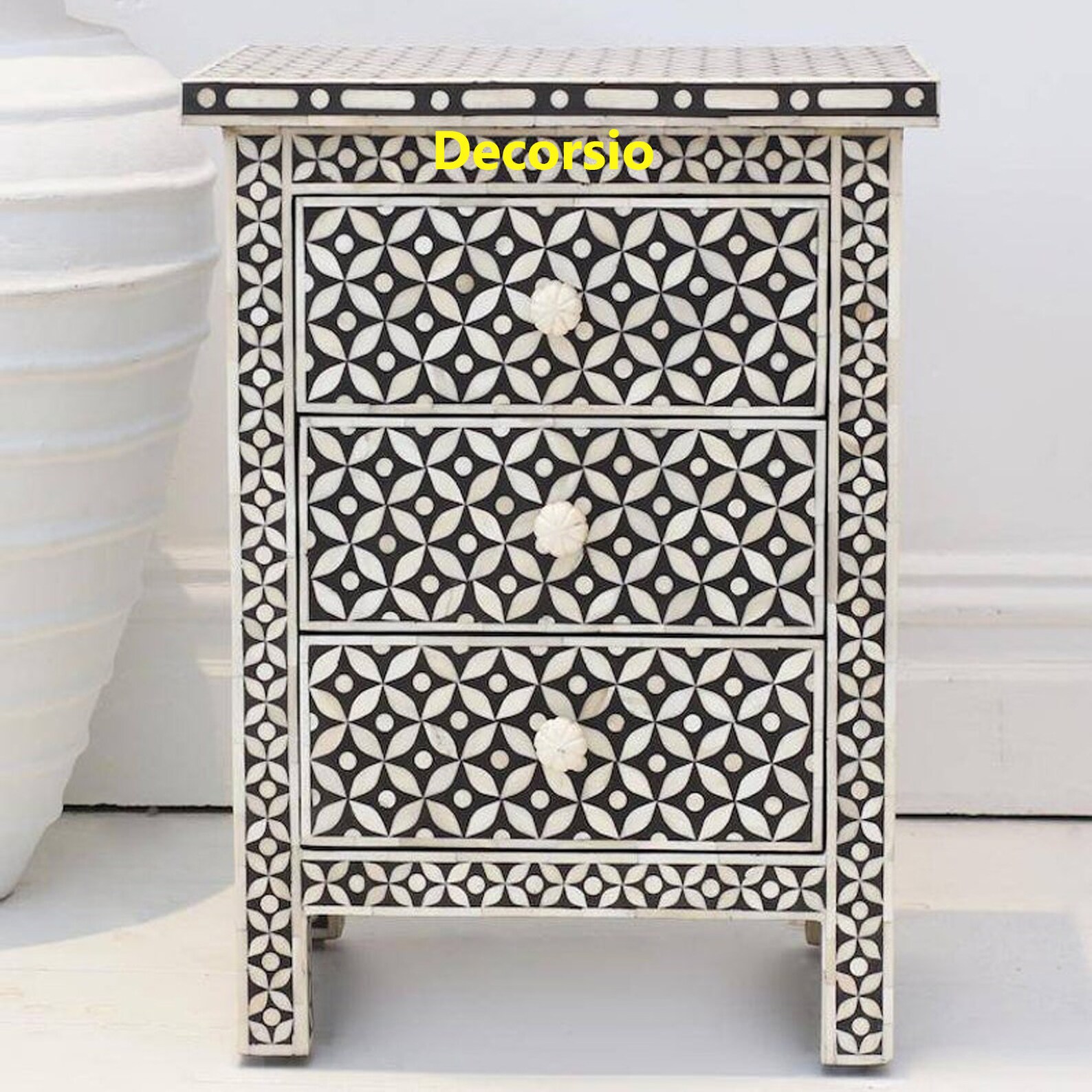 Bone Inlay Handmade Geometric Patterned Bedside Table/ Nighstand Table ...