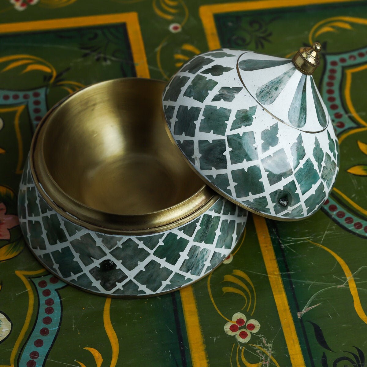 Handmade Bone Inlay Green Geometric Round Box/ Decorative Box/ Gift Box ...