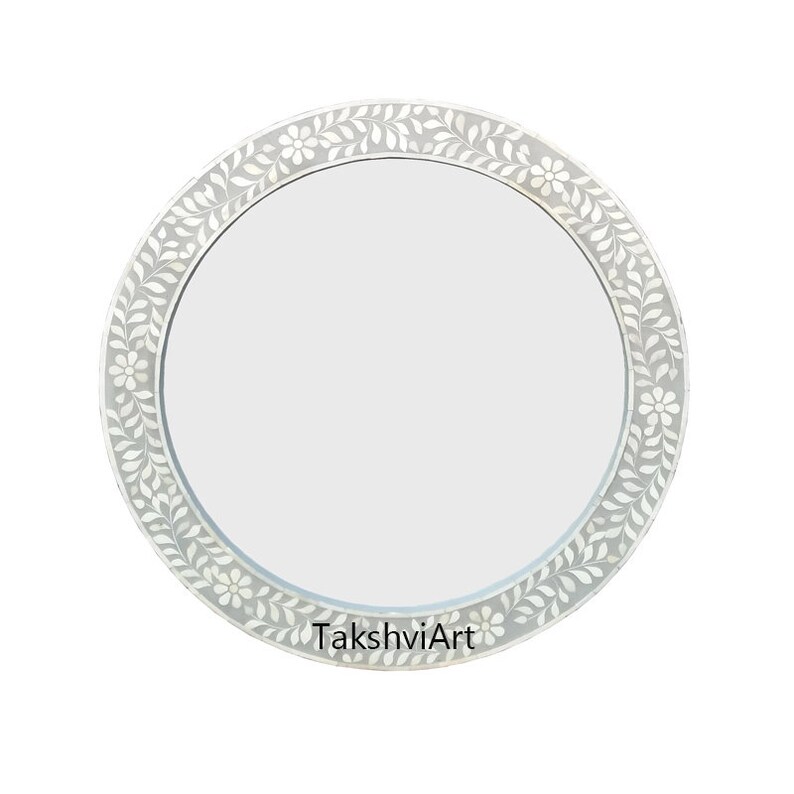 Handmade Grey Bone Inlay Floral Pattern Round Mirror Frame / | Etsy