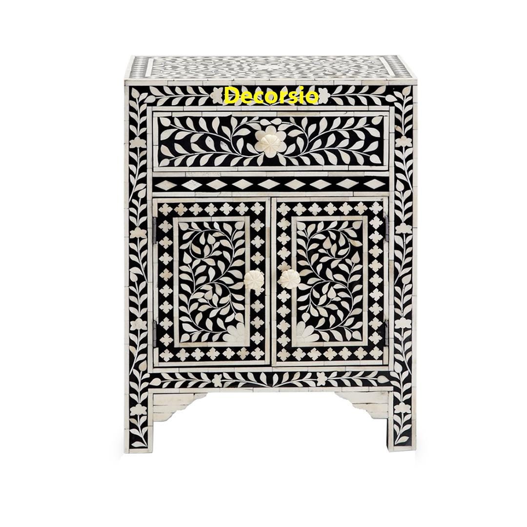 Handmade Bone Inlay Black Floral Pattern Bedside / Bedroom Bedside ...