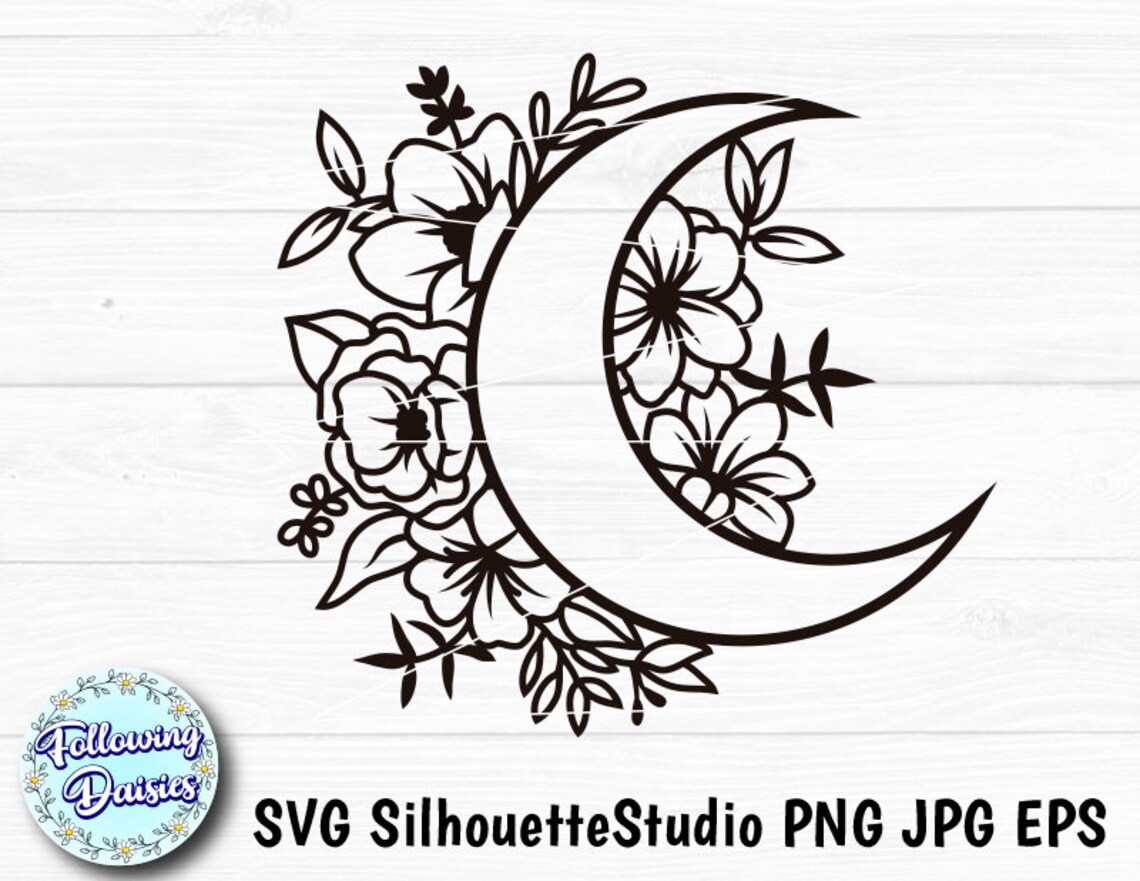FLORAL MOON in SVG, Flowers, Floral Decoration, Half Moon, Night, Stars ...