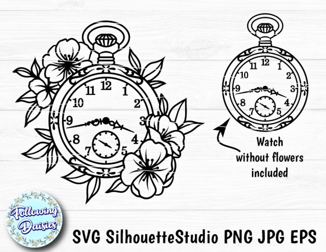 FLORAL Pocket WATCH in SVG, Watch Silhouette, Flowers, Watch Vintage ...