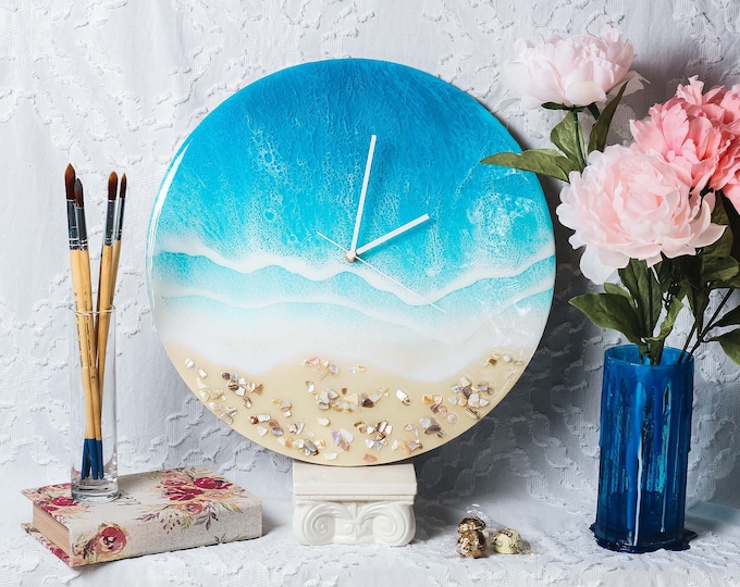 16" Epoxy Resin Ocean Wall Art Beach Resin Clock Resin Artwork Ocean ...