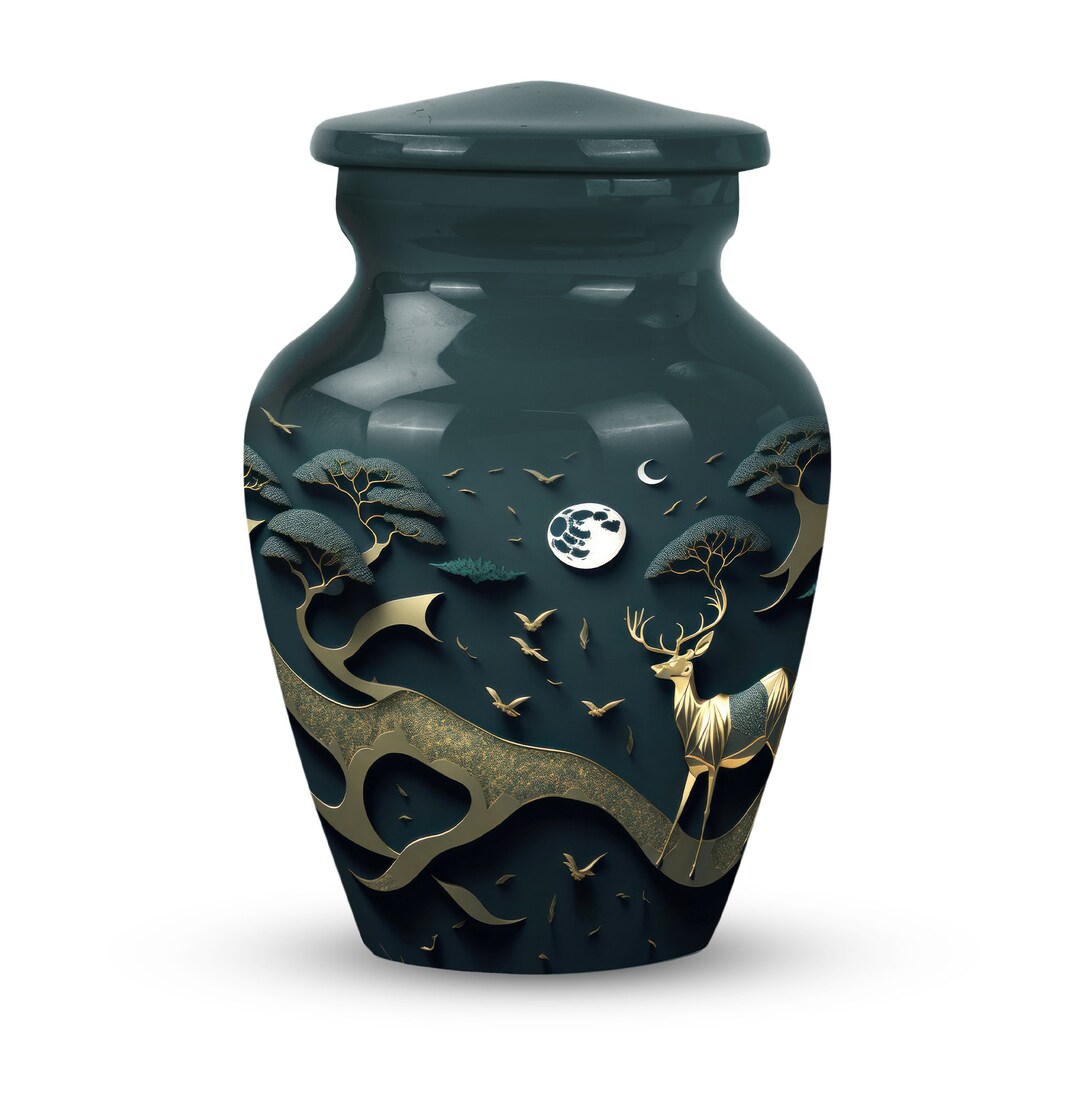 Mystical Stag and Moon Phase Urn - Nature-inspired Green and Gold ...