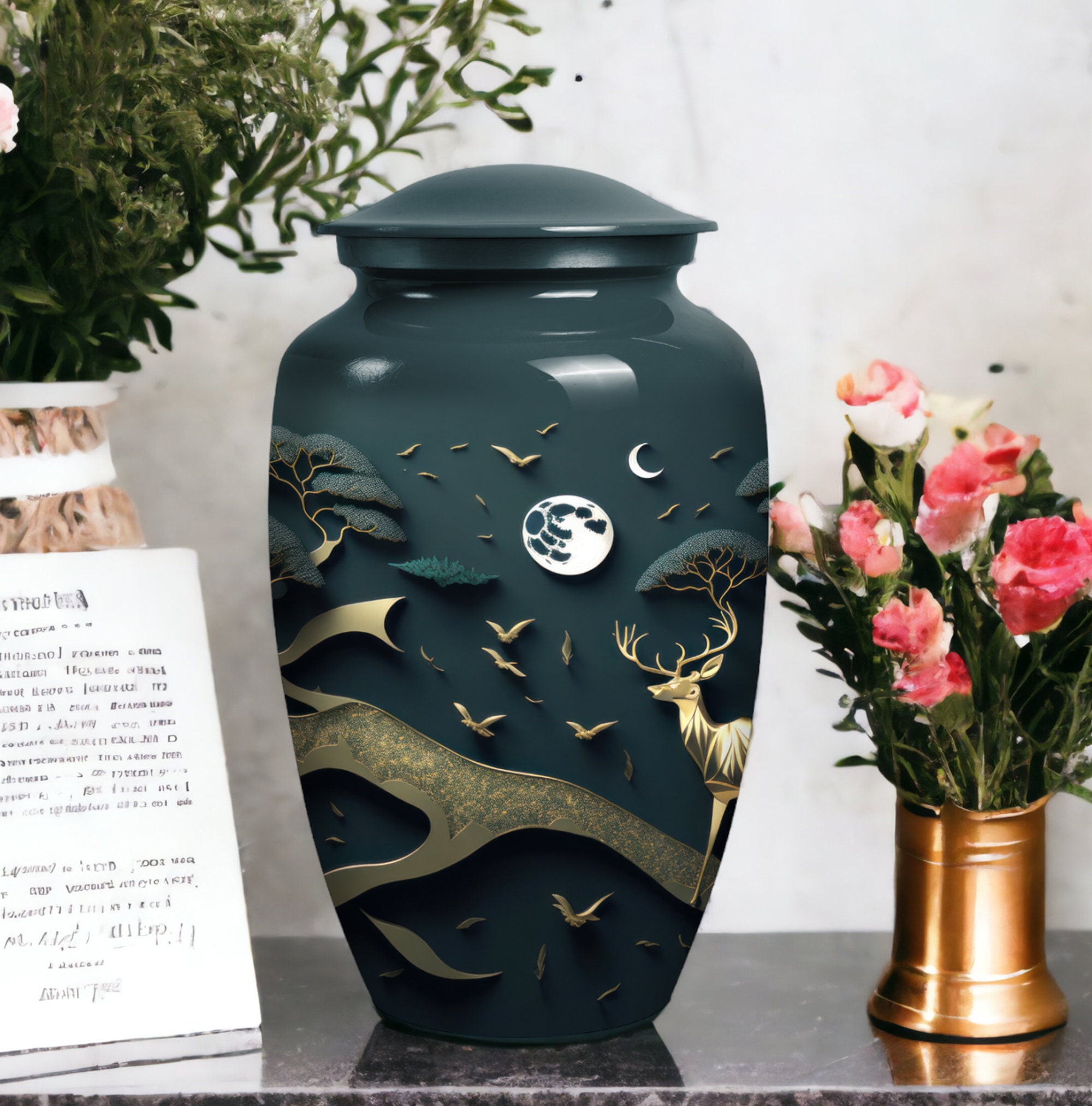 Mystical Stag and Moon Phase Urn Nature-inspired Green and Gold ...