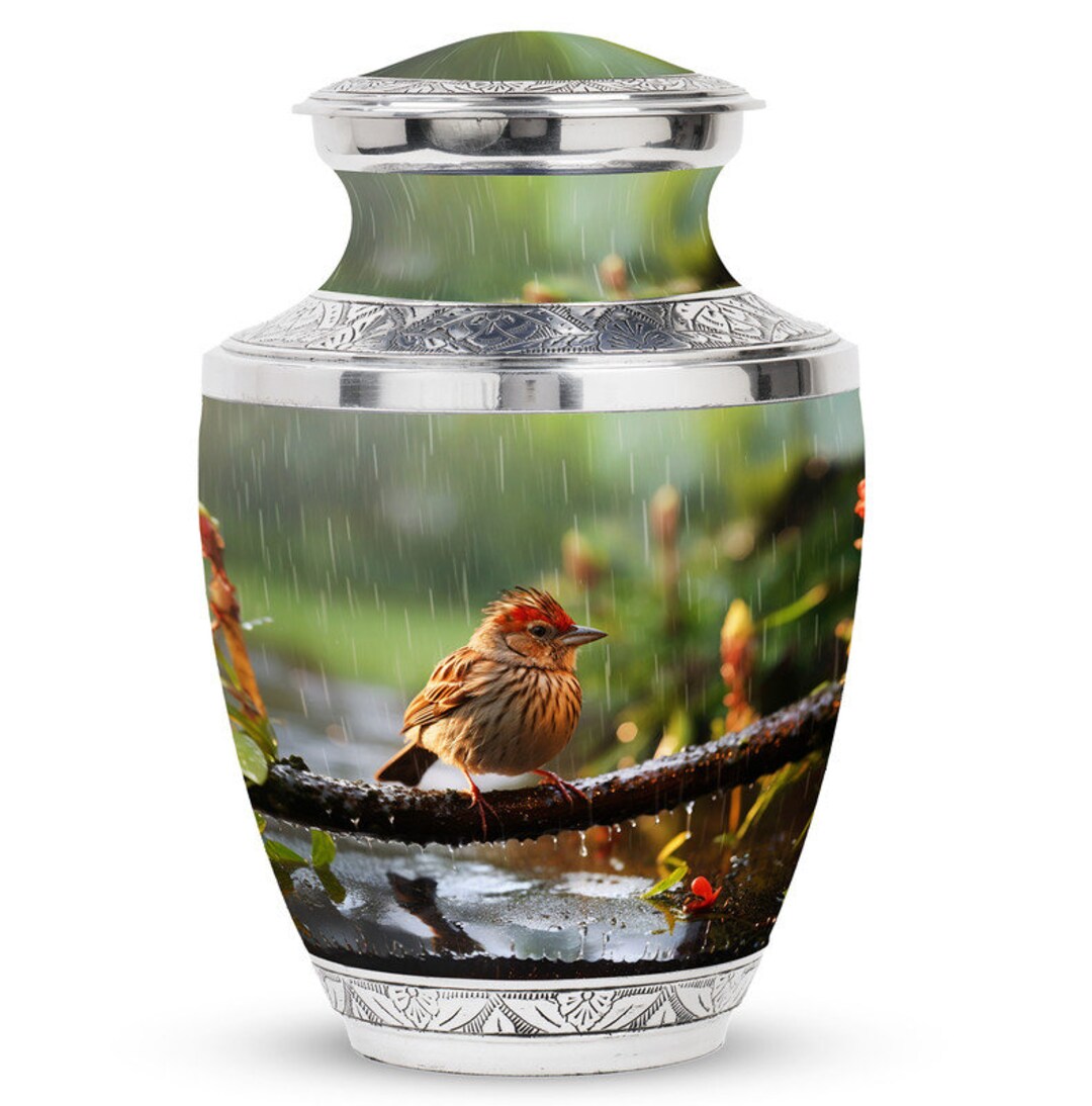 Vibrant Bird in Rain Keepsake Urn Artisan Crafted Bird Ash Urns Upto 1 ...
