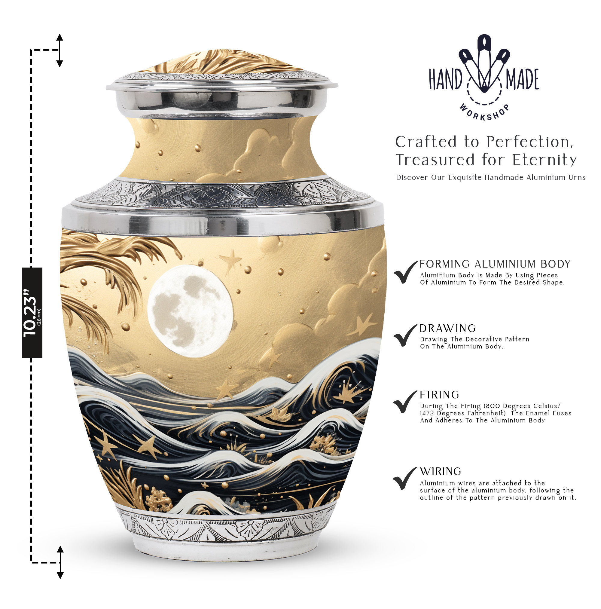 Golden Waves Under Moon Urn Funeral Urns for Human Ashes Adult Upto 200 ...