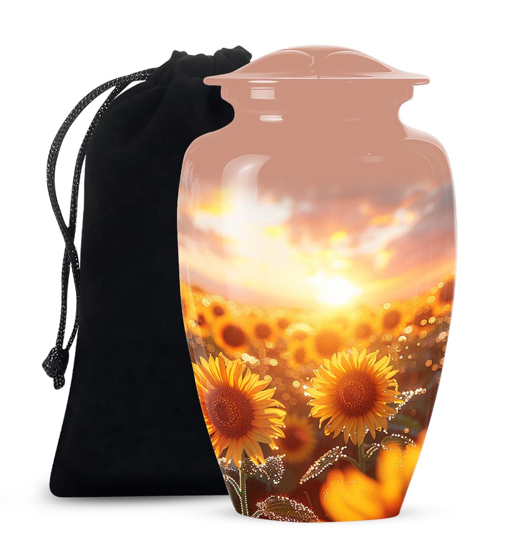 Sunset Glow Sunflower Cremation Funeral Urn With Velvet Pouch, Amber ...