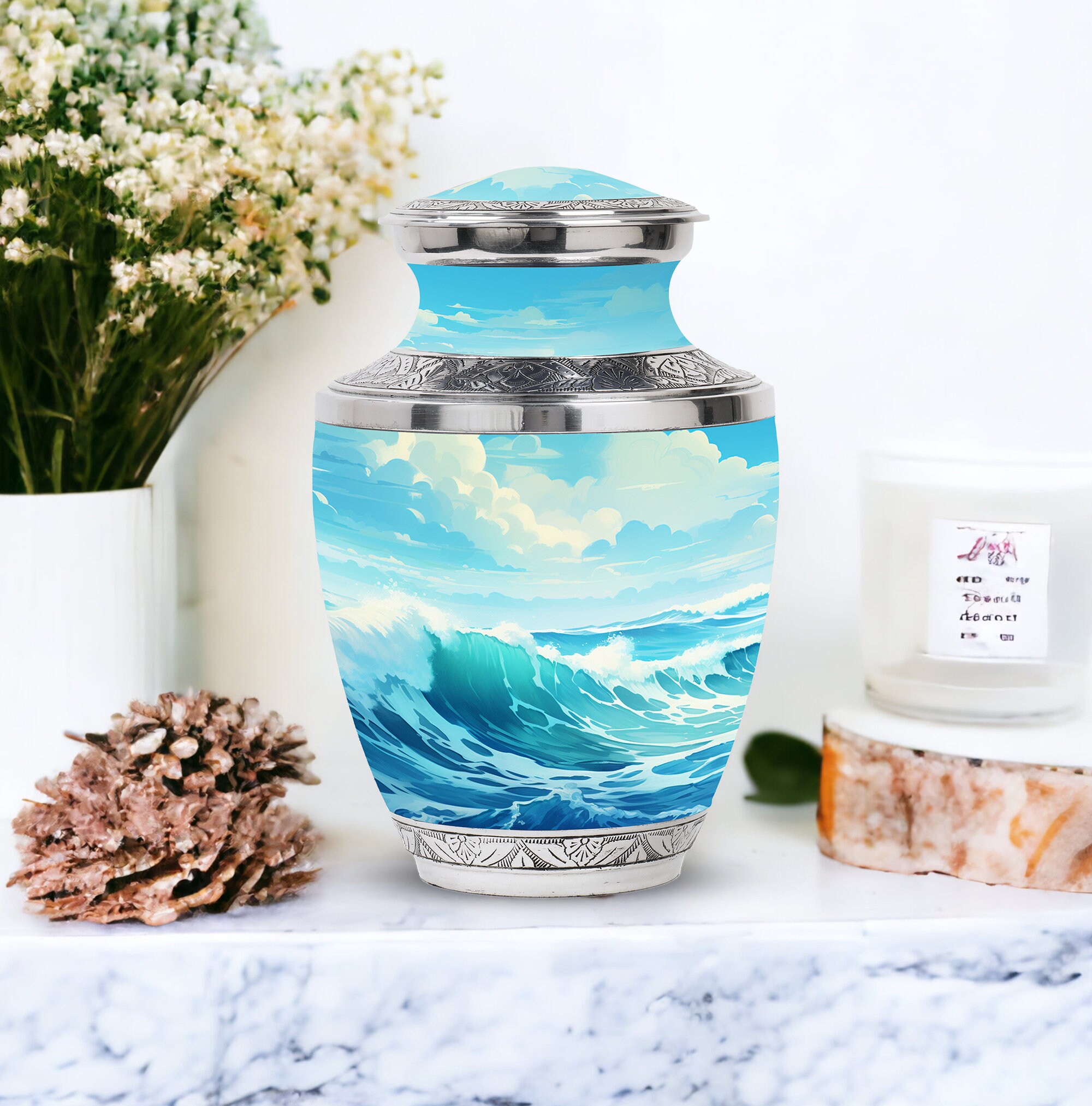 Ocean Waves Nautical Serene Waves Memorial Cremation Urns for Human Ashes Upto 200 Cubic Inches ...