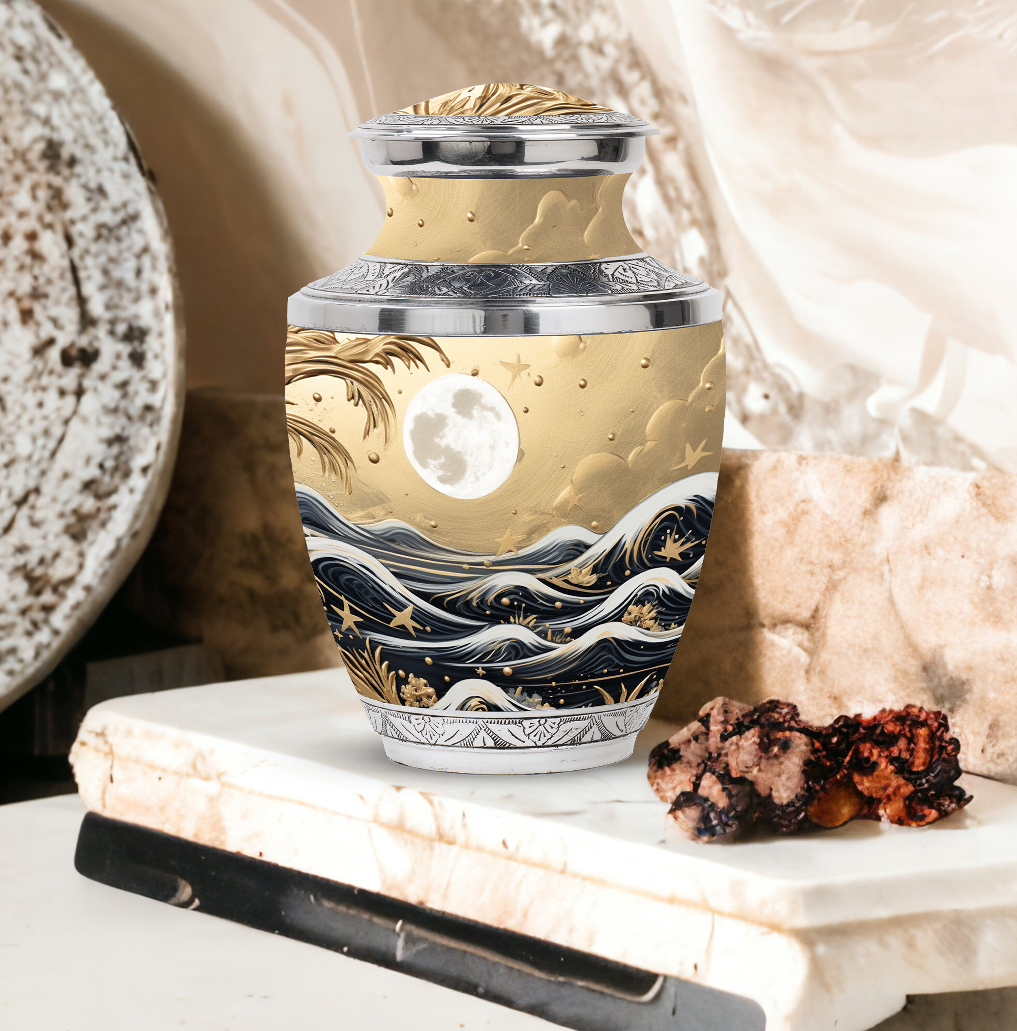 Golden Waves Under Moon Urn Funeral Urns for Human Ashes Adult Upto 200 ...