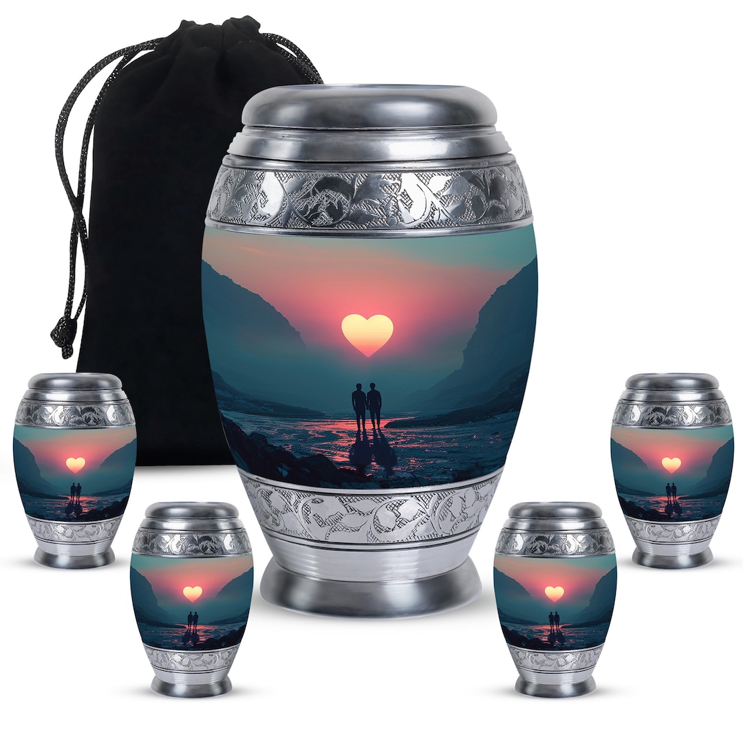 Handcrafted Love Couples Funeral Ashes Urn - Romantic Sunset Heart Design With Silver Upto 200 ...