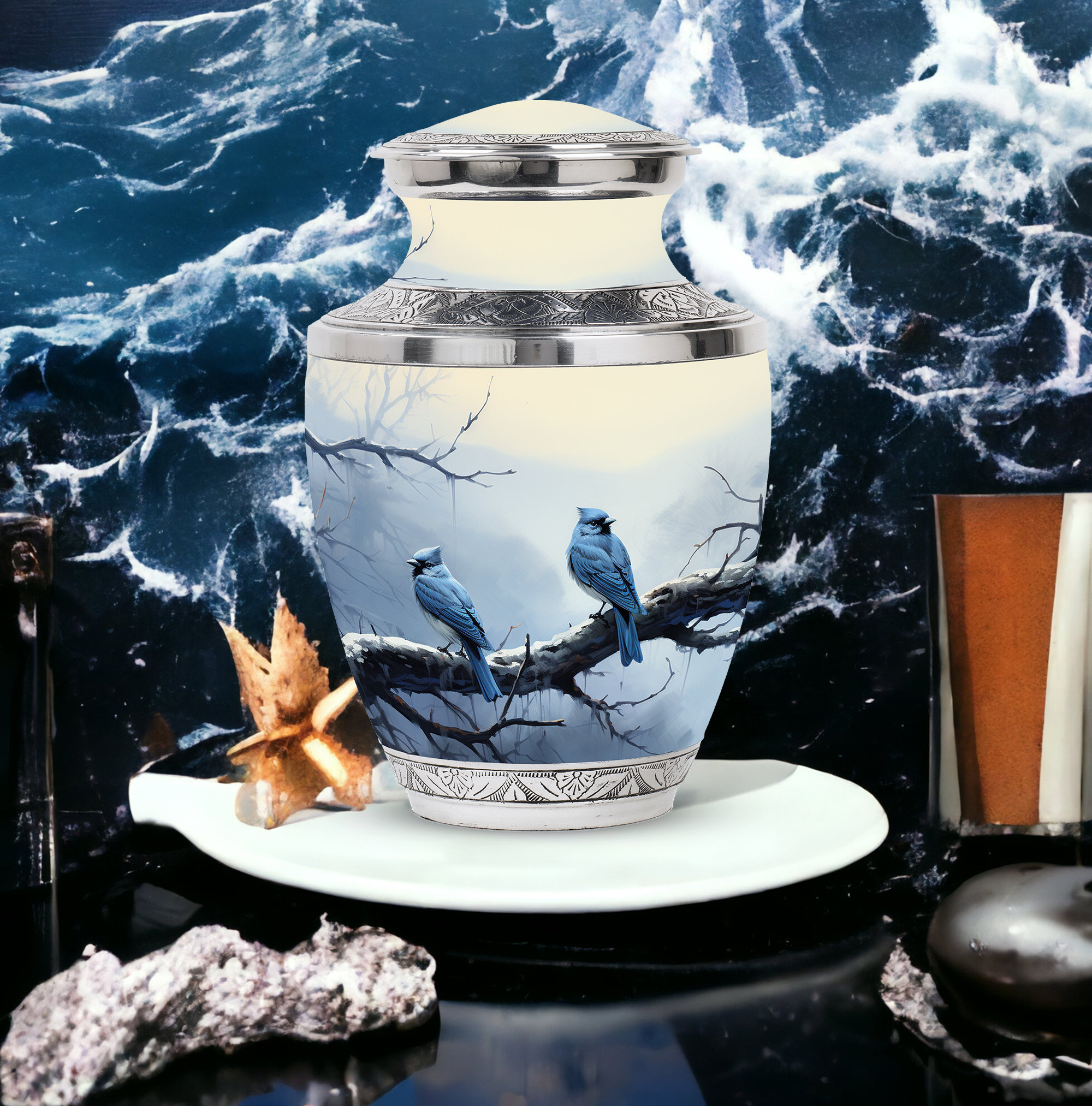 Sky Blue Cremation Urn for Adults Ashes With Blue Birds on Tree Branch ...