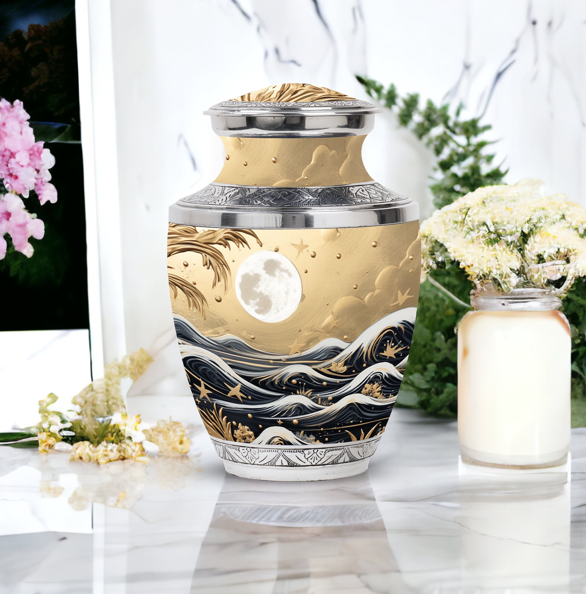 Golden Waves Under Moon Urn Funeral Urns for Human Ashes Adult Upto 200 ...