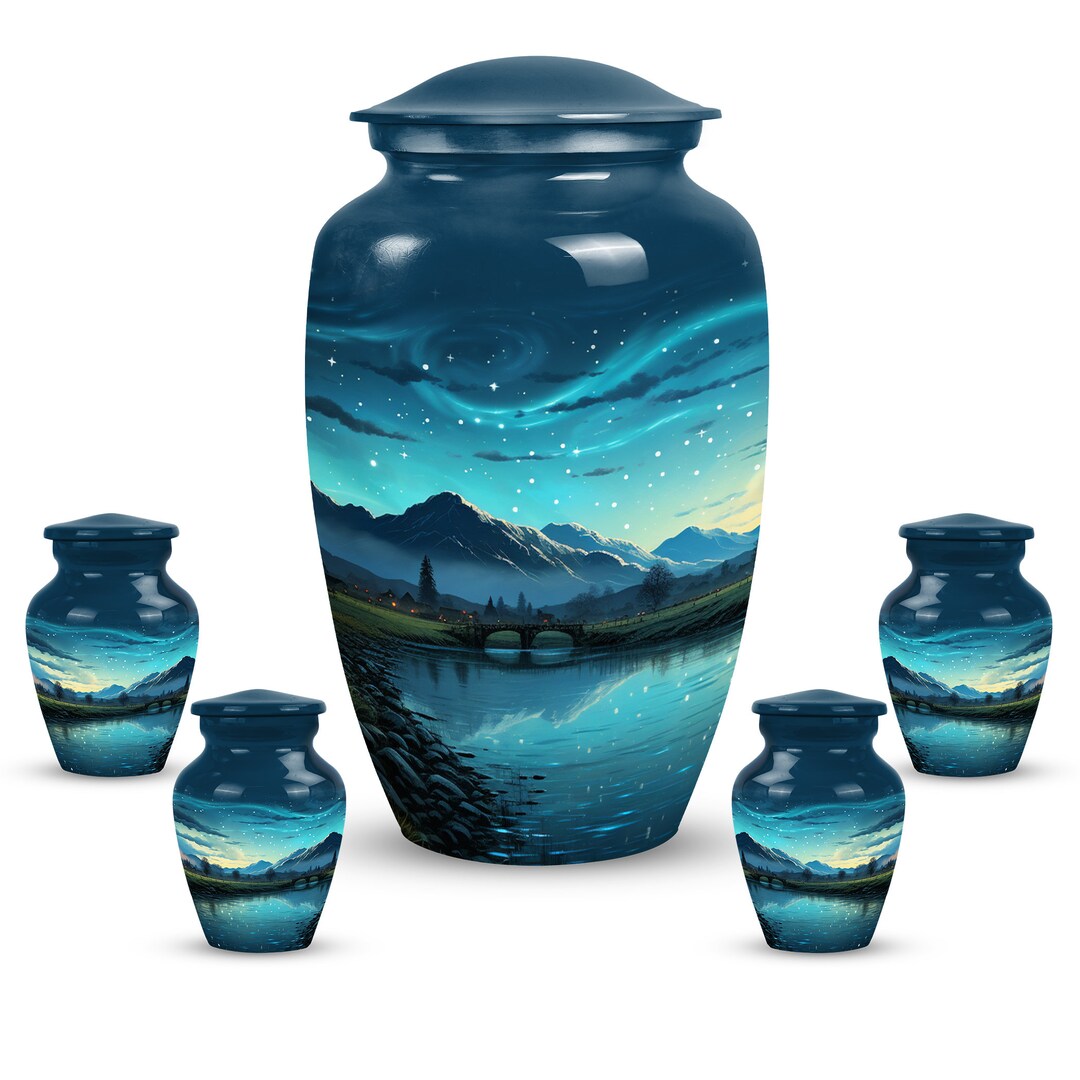 Starry Night Over Mountain Lake Urns for Cremation Ashes Upto 200 Cubic Inches Celestial Blue ...