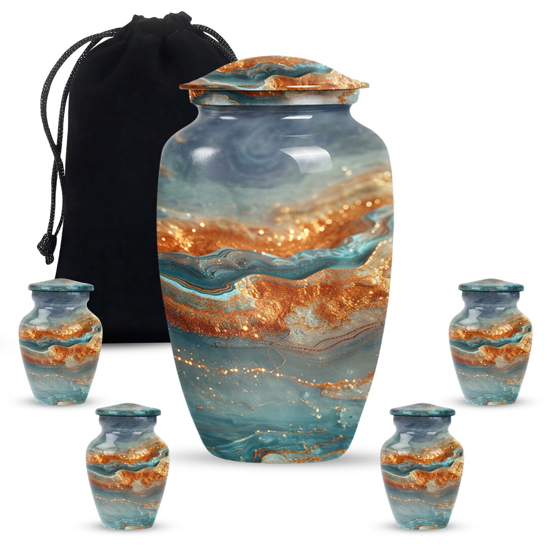 Handmade Blue and Gold Swirl Cremation Urn for Ashes Upto 200 Cubic ...