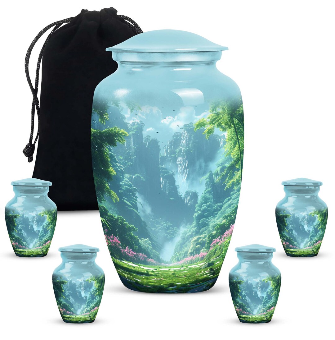 Heavenly Forest Cremation Memorial Urn With Nature Scene Aqua Blue ...