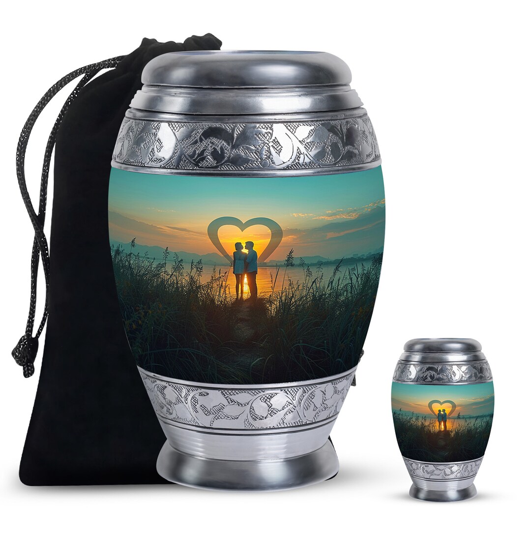 Sunset Love Silhouette Funeral Memorial Urns - Customizable Aqua and ...