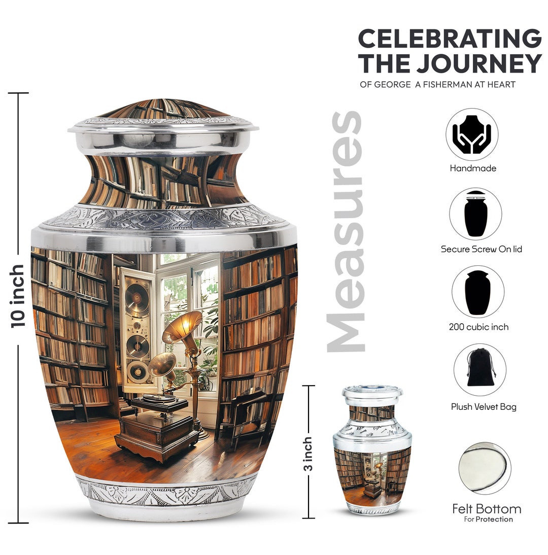 Classic Gramophone and Books Urn - Decorative Brown and Silver Urn for ...